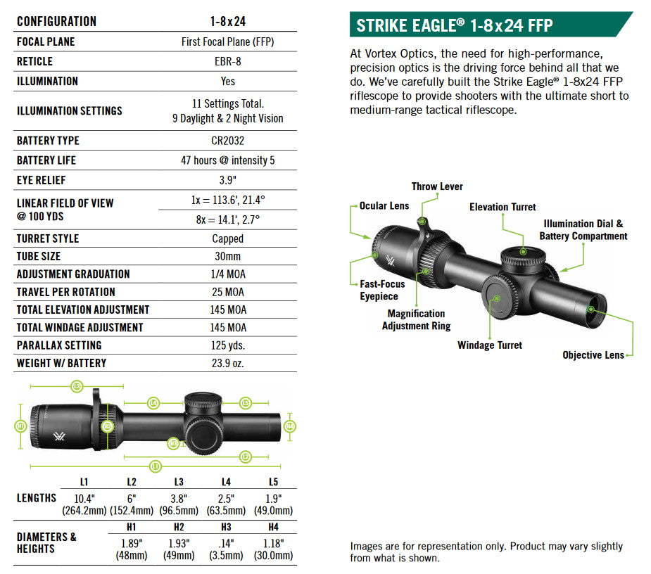 Vortex Strike Eagle 1-8x24 FFP, EBR-8 reticle – FinnAccuracy